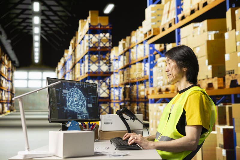 Asian Warehouse Clerk Using AI Brain Systems with Neural Networks Stock ...