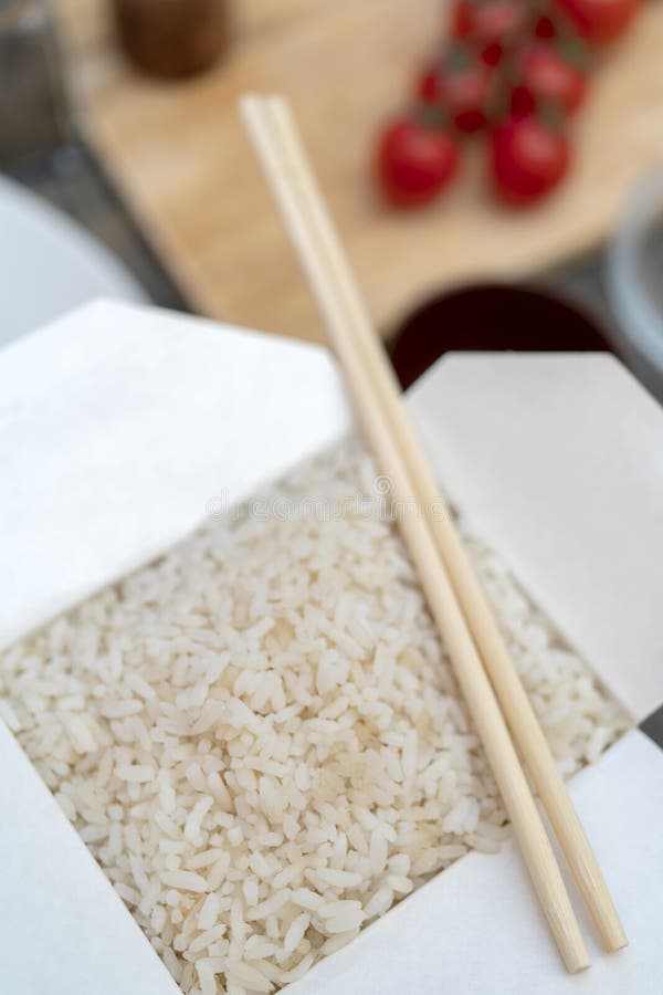 Asian White Rice with Vegetables in a Paper Box Stock Image - Image of ...