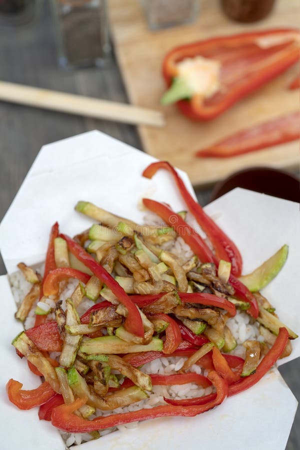 Asian White Rice with Vegetables in a Paper Box Stock Image - Image of ...