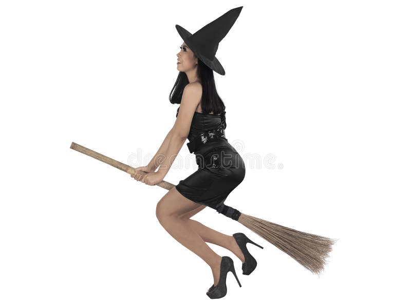 Silhouette of Witch Woman Riding Magic Broom Stock Photo - Image of ...