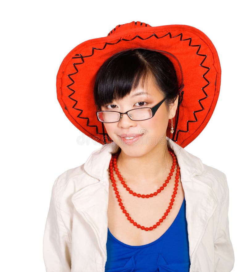Asian woman in big red hat stock image. Image of adult - 8706045