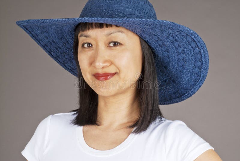 Asian Woman in Blue Straw Hat Stock Photo - Image of beautiful ...
