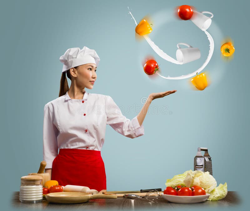 Asian Woman Chef Juggling with Vegetables Stock Image - Image of asian ...