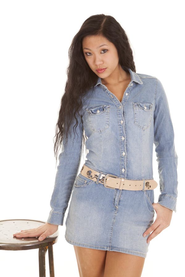 Asian Woman Denim Stand by Stool Stock Photo - Image of denim ...