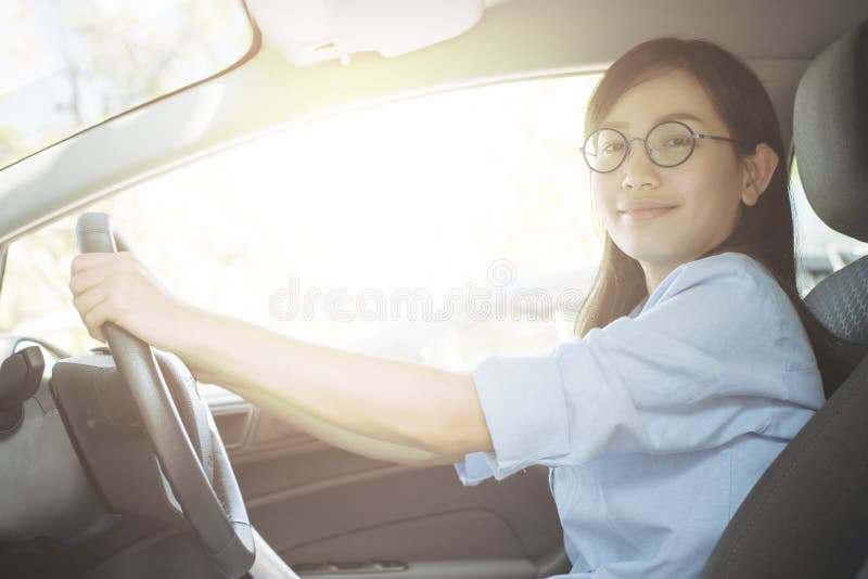 Asian Woman Driving Car with Feeling Happy Stock Image - Image of ...