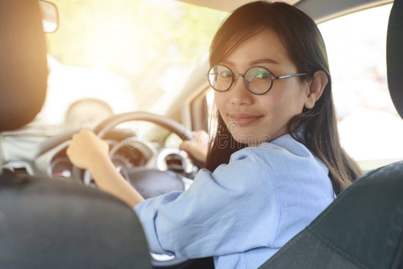 Asian Woman Driving Car with Feeling Happy Stock Photo - Image of ...