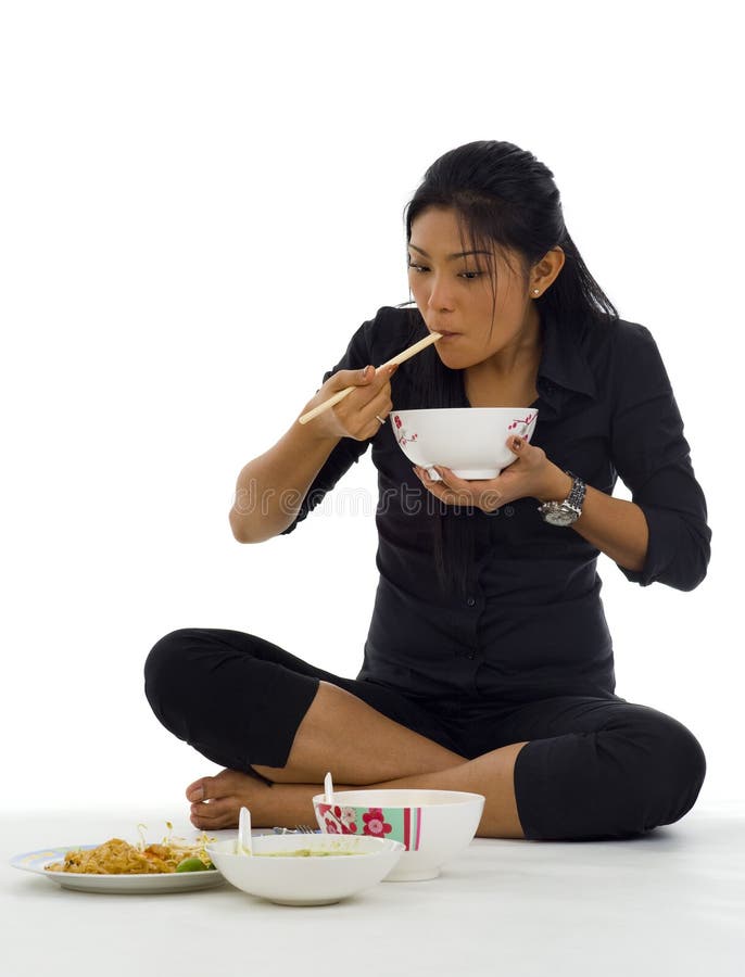 Asian Woman Eating with Chop Sticks Stock Image - Image of noodles ...