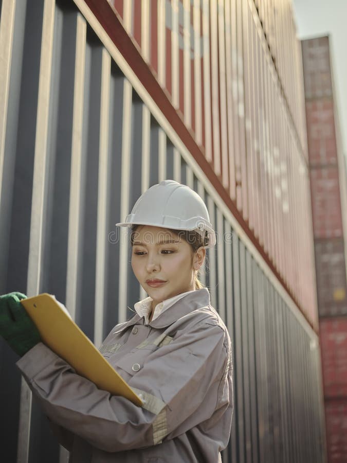 Asian Woman Engineer Working in Container Port Terminal Stock Photo - Image of control, industry ...