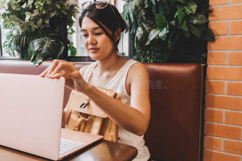 Woman Finished Her Work and Turning Off the Laptop Computer. Stock ...
