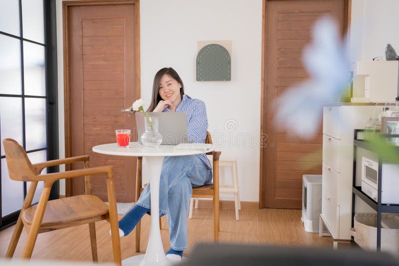 Asian Woman Freelancer Relax and Happy during Working from Home Stock ...