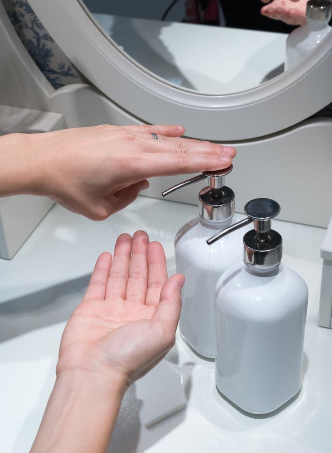 Asian Woman Hand Using Liquid Cleaning Soap Stock Image - Image of ...