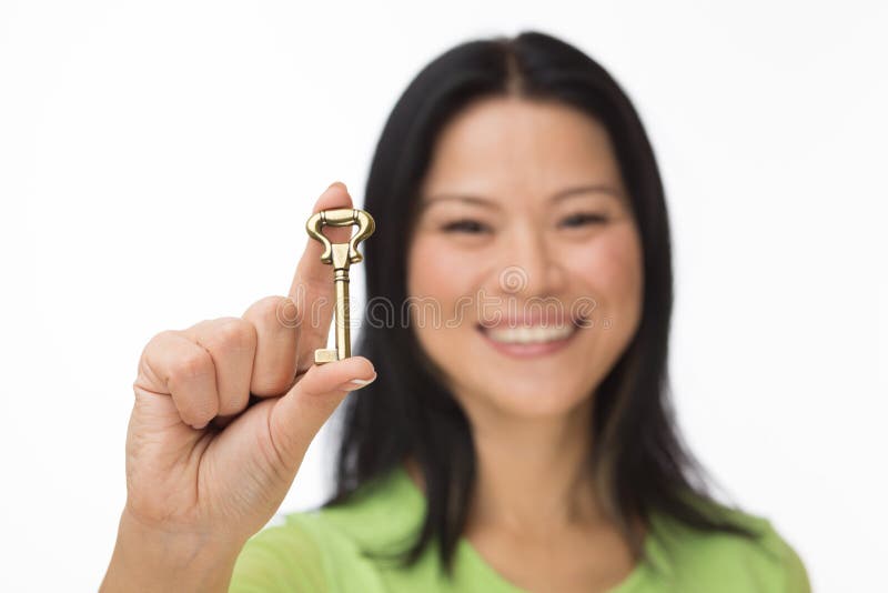 Asian Woman Hold Old Key on White Stock Image - Image of house, concept ...