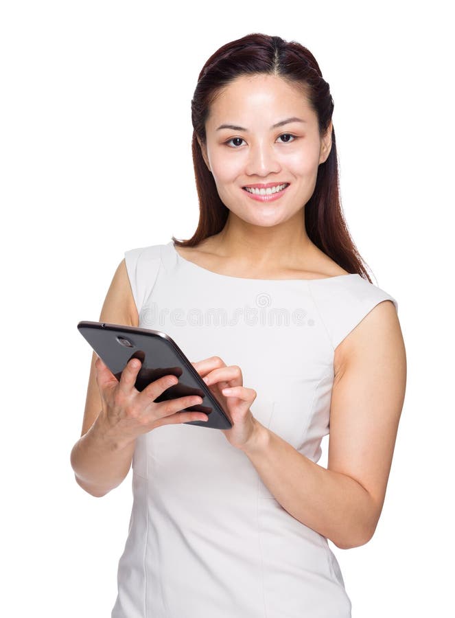 Asian woman hold tablet stock image. Image of person - 44091749