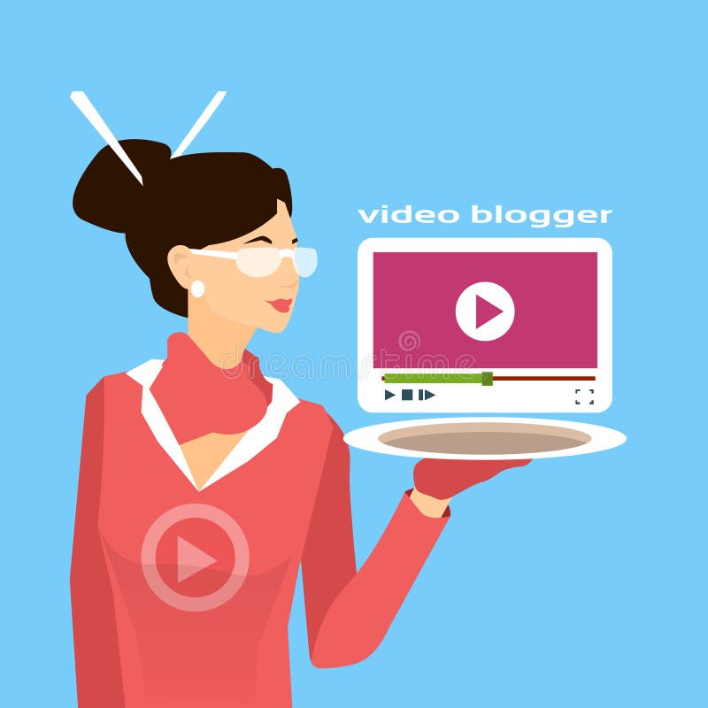 Asian Woman Hold Tablet Player Interface Video Blog Concept Stock ...