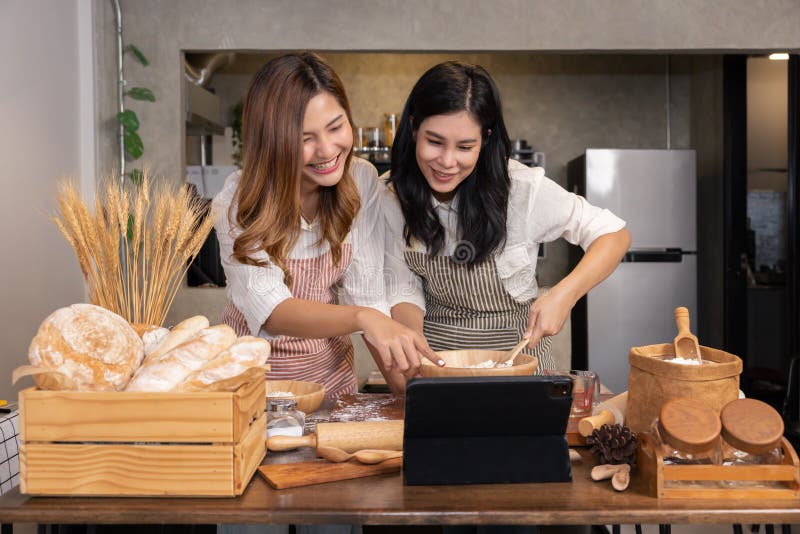 Asian Woman Learn To Bake the Bakery from Tablet Stock Image - Image of camera, ingredient ...