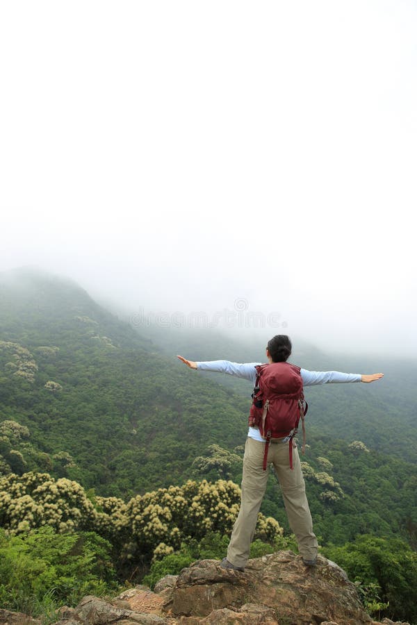 Asian Woman Open Arms on Spring Mountain Peak Stock Photo - Image of ...