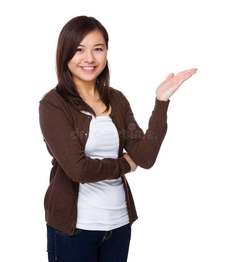 Asian Woman with Open Hand Palm Stock Image - Image of knitwear, china ...