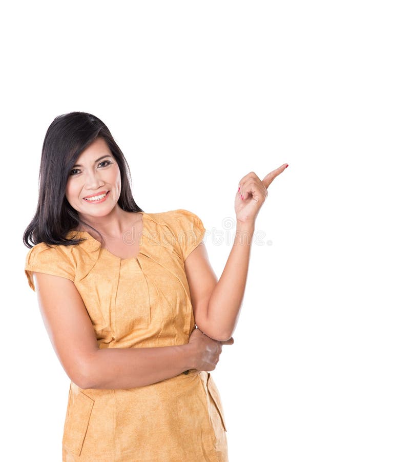 Asian Woman Posing Pointing at Something Above Stock Photo - Image of ...