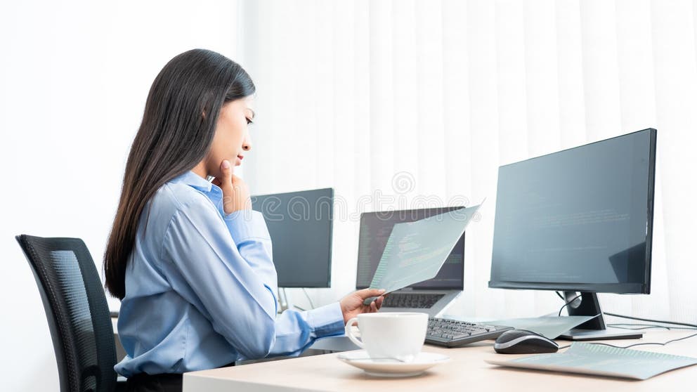 Asian Woman Programmer Typing Source Code with Computer Pc for Developing Program or Application ...