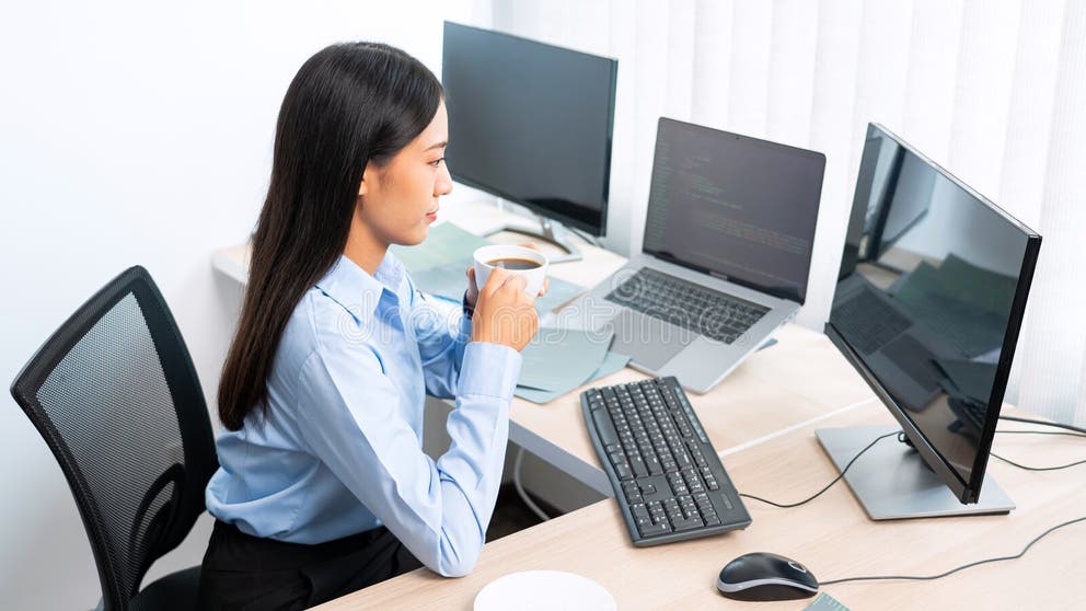 Asian Woman Programmer Typing Source Code with Computer Pc for Developing Program or Application ...