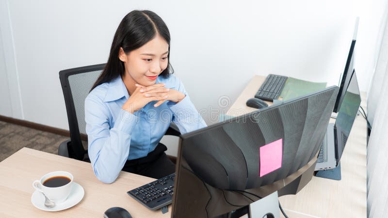 Asian Woman Programming Working With Computer And Typing Data Code To Developing Program At
