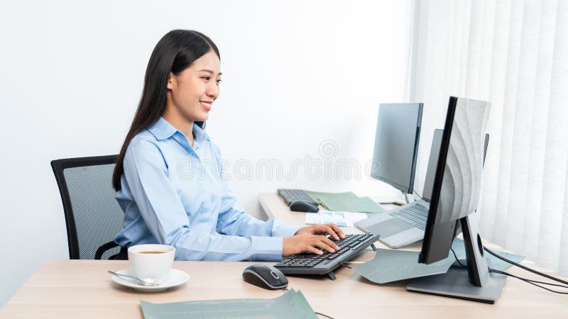 Asian Woman Programming Working With Computer And Typing Data Code To Developing Program At
