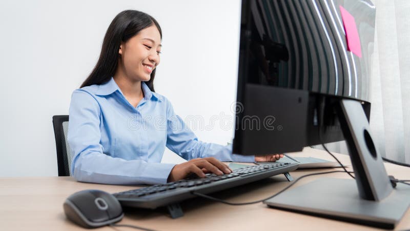 Asian Woman Programming Working With Computer And Typing Data Code To Developing Program At
