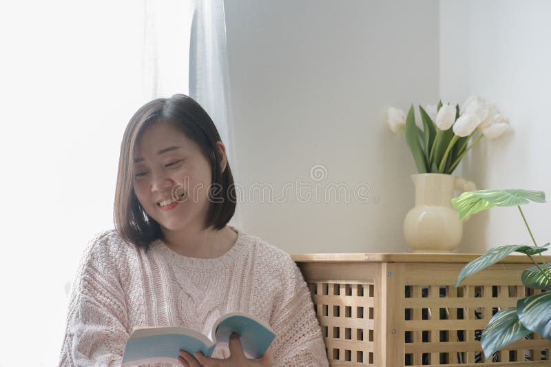 Asian Woman Read Book and Relax at Home Stock Image - Image of checkup ...