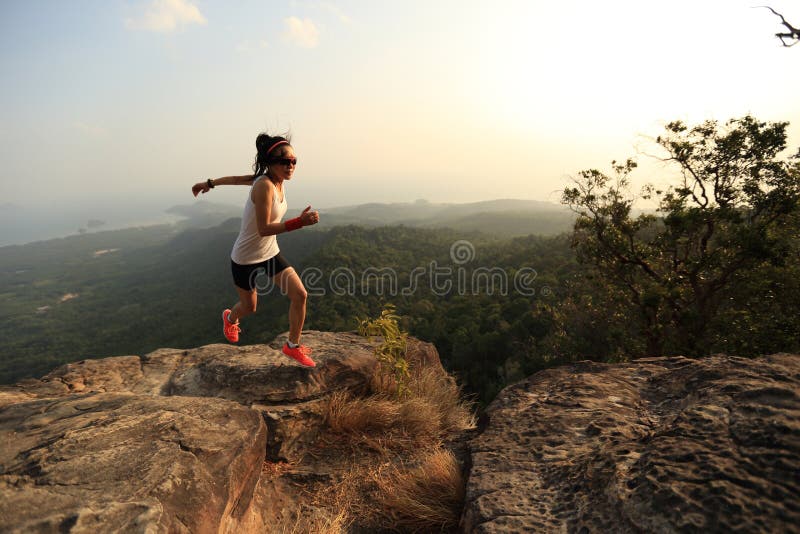 Asian Woman Runner Running on Mountain Peak Stock Image - Image of ...