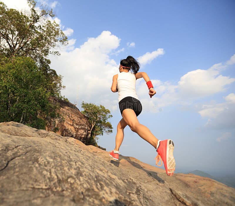 Asian Woman Runner Running on Mountain Peak Stock Photo - Image of ...