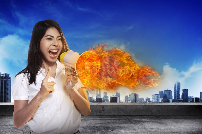 Asian Woman Shouting Megaphone on Fire Stock Photo - Image of ...