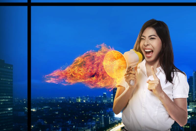 Asian Woman Shouting Megaphone on Fire Stock Image - Image of ...