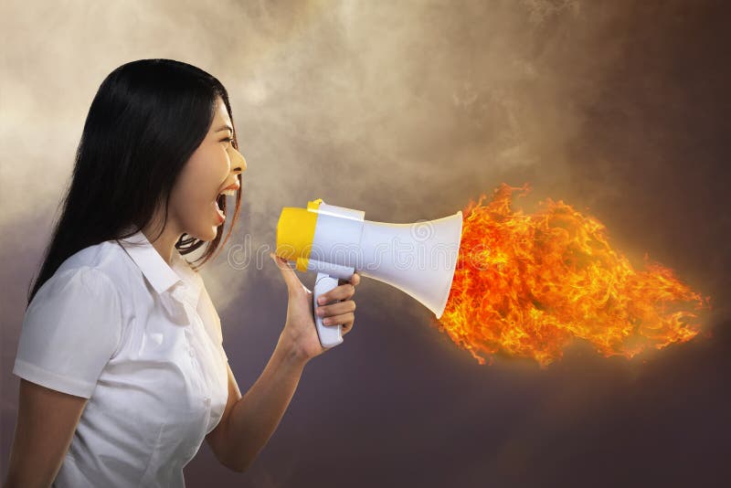 Asian Woman Shouting Megaphone on Fire Stock Photo - Image of boss ...