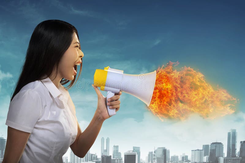 Asian Woman Shouting Megaphone on Fire Stock Image - Image of cityscape ...