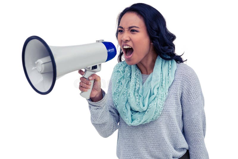 Asian Woman Shouting through Megaphone Stock Photo - Image of focused ...