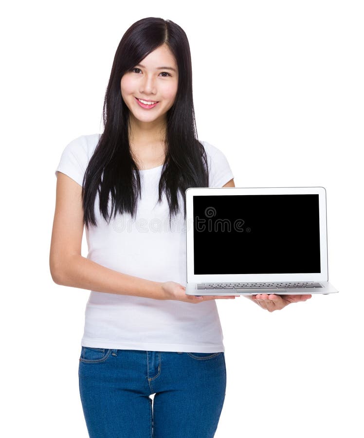 Asian Woman Show with Blank Screen of Laptop Computer Stock Photo ...