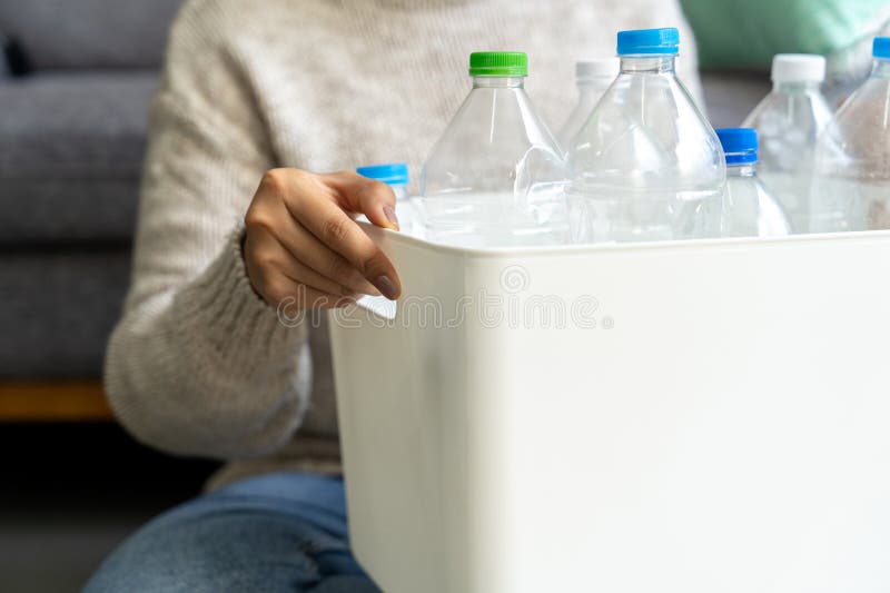 Asian Woman Sorting Plastic Waste in Recycling Bin at Home Stock Image ...