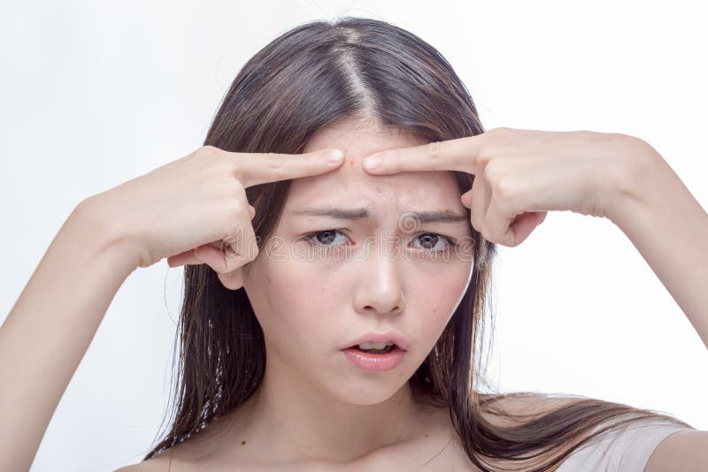 Asian Woman Squeezing Spot on Forehead Stock Photo - Image of chinese ...