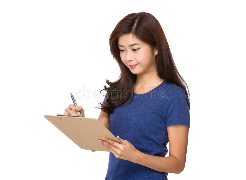 Asian Woman Take Note on Clipboard Stock Image - Image of background ...