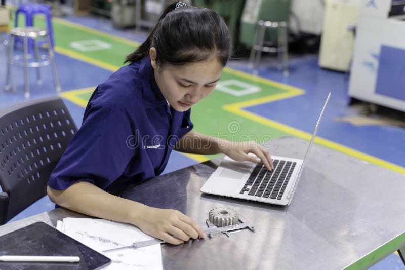Asian Woman Technician Engineer Working Designing Mechanical Parts ...