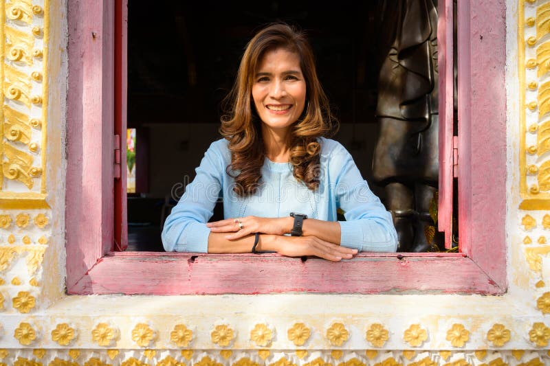 Asian Woman in Thai Style Window Frame Stock Photo - Image of lady ...