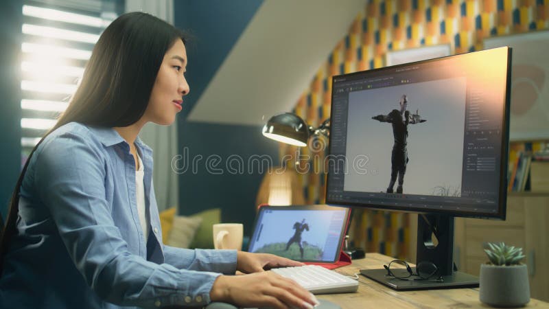 Asian Woman Using 3D Modeling Software Stock Photo - Image of hero ...