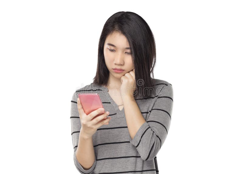 Asian Woman Using Mobile Phone Thinking on Something Stock Image ...