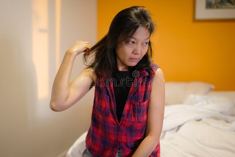 Asian Woman Wakes Up Looking Sick Stock Photo - Image of brunette ...