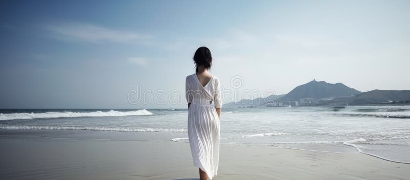 Asian Woman Walking Alone at a Beach - Made with Generative AI Tools ...