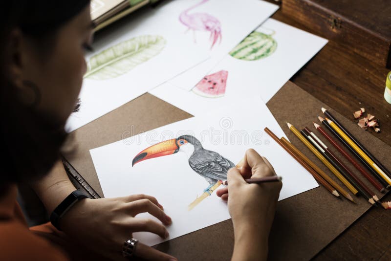 Asian Woman is Working on Her Hand Drawing Artwork Stock Photo - Image ...