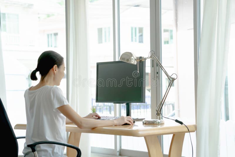 Asian Woman Working from Home Using Computer Stock Image - Image of ...