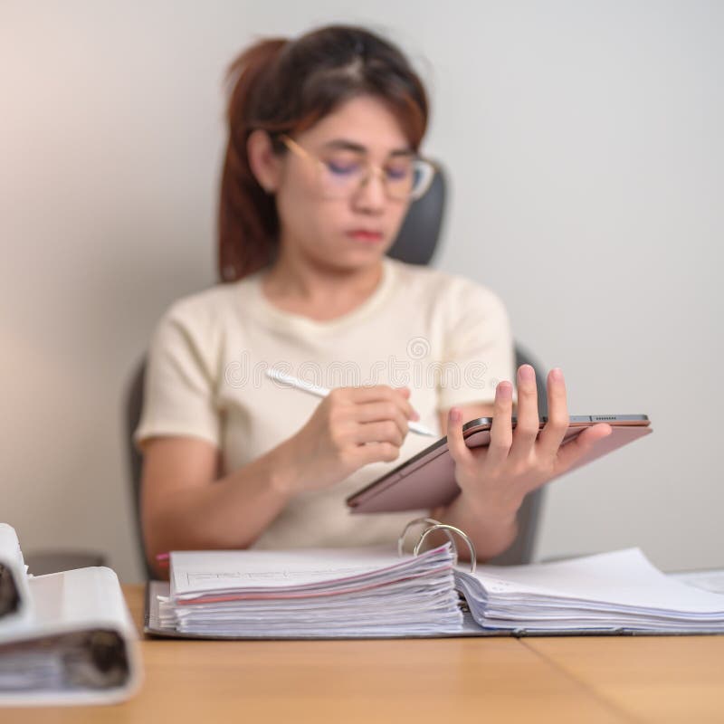 Asian Woman Working with Tablet Pad, Female Businesswoman Reading ...