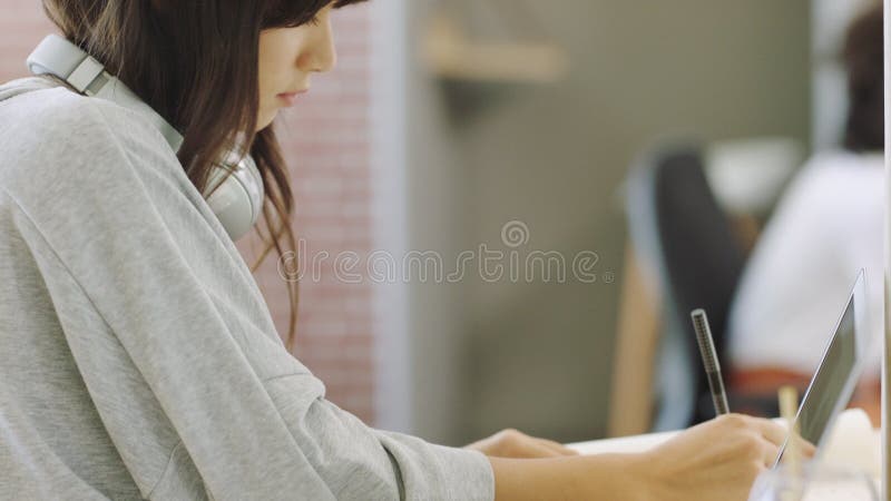 Asian Woman Writing, Laptop and Creative Research Design at Web ...