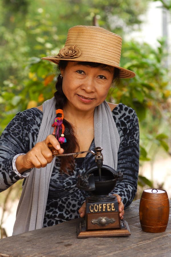 Asian Women Using Old Coffee Maker Stock Image - Image of girl ...